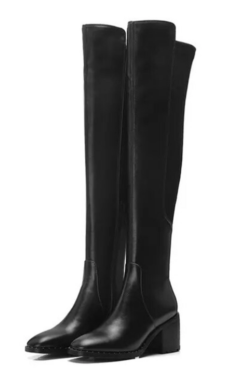 Genuine leather over the knee boots with elastic – Parinmi